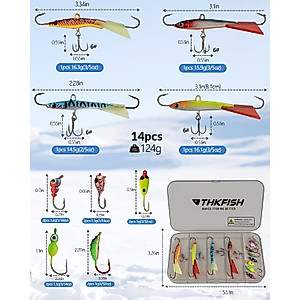 THKFISH Ice Fishing Jigs Panfish Ice Fishing Lures Kits Ice Fishing Gear Kit 14pcs Luminous Ice Fishing Color D