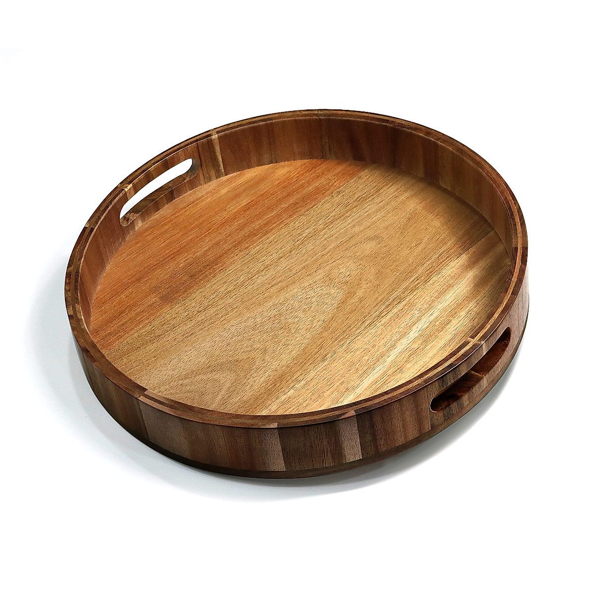 14" Wooden Tray, Natural Acacia Wood, Lazy Susan Rotating Mechanism Base Serving Tray Round, Carved Handles & Rimmed Edge Rustic Centerpiece Display