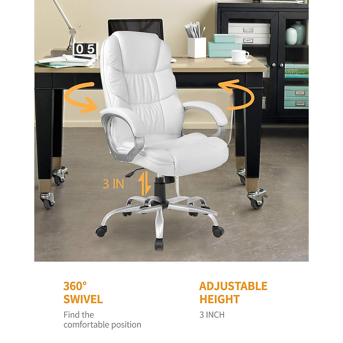 Office Chair Computer High Back Adjustable Ergonomic Desk Chair Executive PU Leather Swivel Task Chair with Armrests Lumbar Support (White)