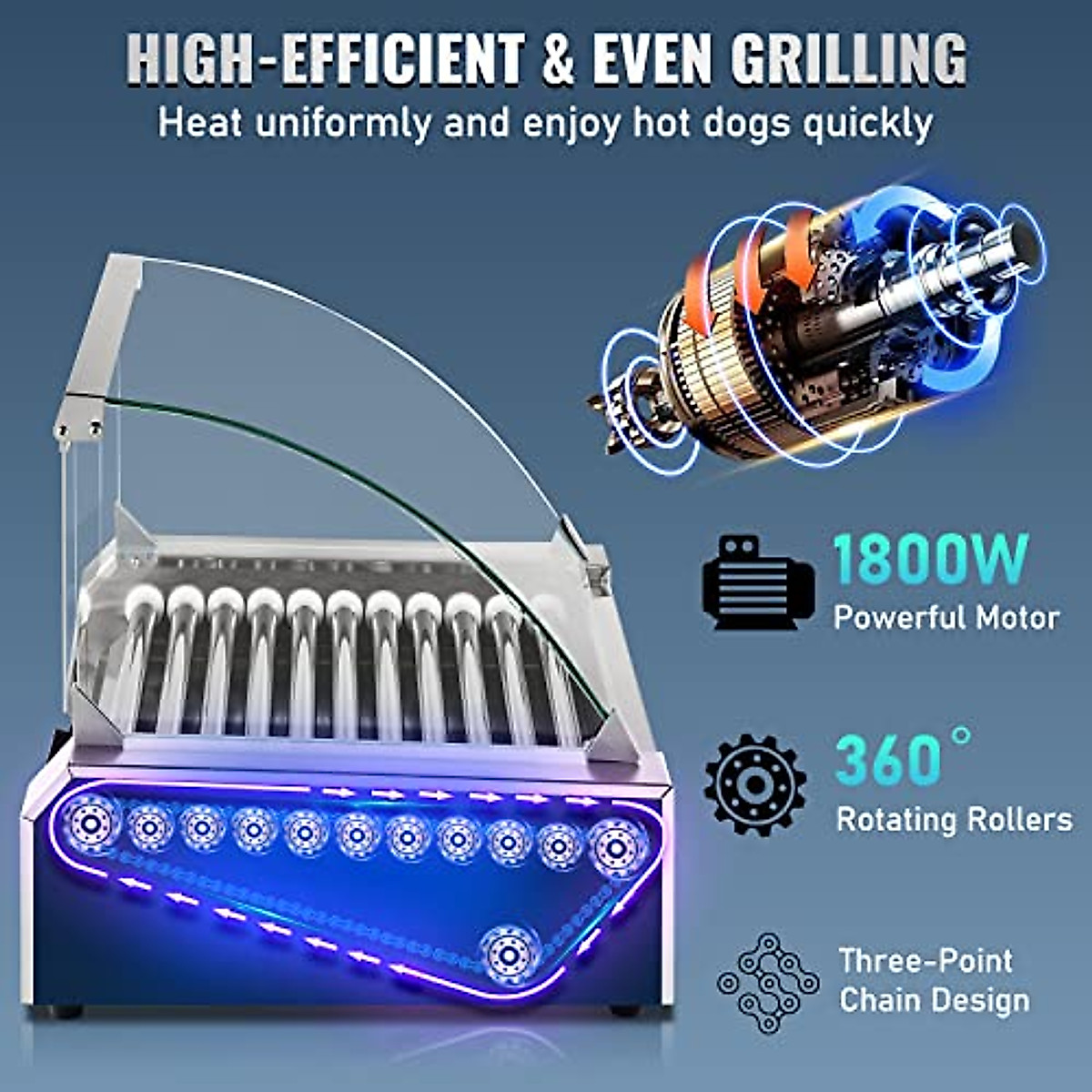 VEVOR Hot Dog Roller, 30 Hot Dog Capacity 11 Rollers, 1800W Stainless Steel Cook Warmer Machine w/Cover & Dual Temp Control, LED Light & Detachable Drip Tray, Sausage Grill Cooker for Kitchen Canteen