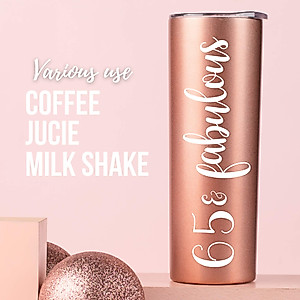 Onebttl 65th Birthday Gifts for Women, 65 & Fabulous, 20 Oz Insulated Stainless Steel Skinny Wine Tumbler for Mom, Best Friend, Sister, Aunt, Wife, Coworkers, Rose Gold