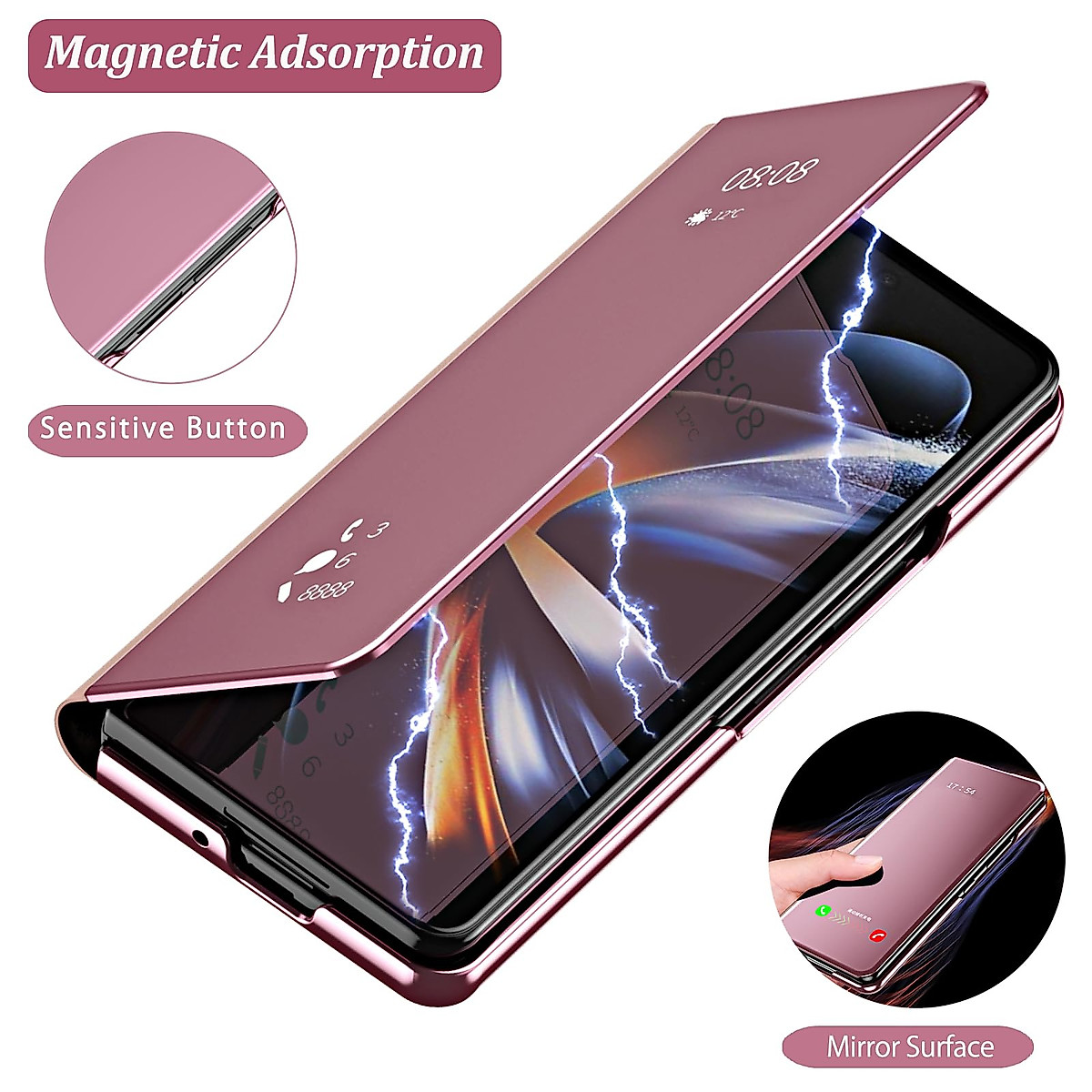 NINKI Clear Mirror Case Compatible Samsung Galaxy Z Fold 5 Case with Kicktand,Ultra Thin & Lightweight Flip Mirror Makeup Cover Electroplated Full Protection Stand Cover for Galaxy Z Fold 5 Case Pink
