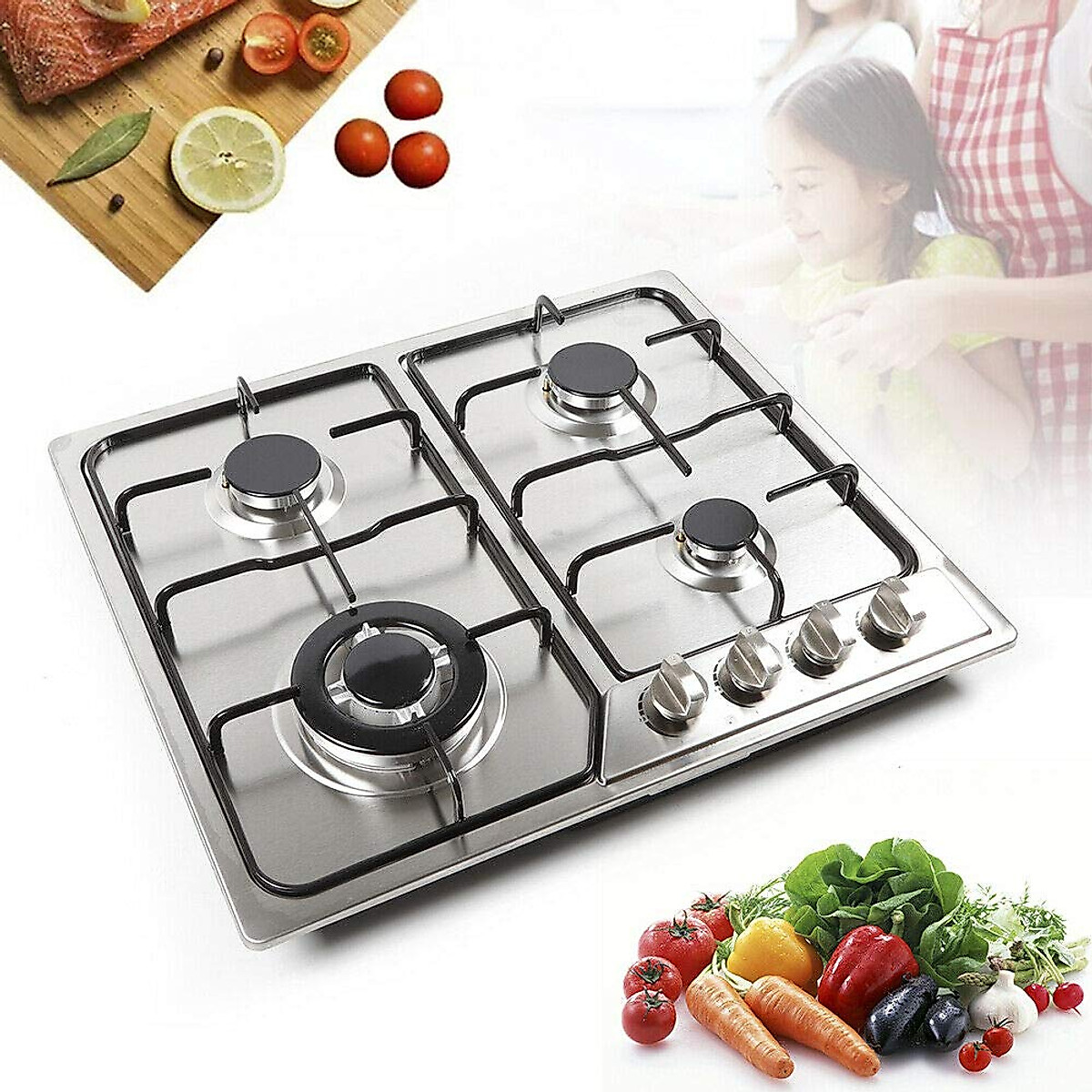 23 Inch Gas Cooktop 4 Burners Gas Stove gas hob stovetop, LPG/NG Gas Cooktop, Stainless Steel Cooktop 5 Sealed Burners Cast Iron Grates Built-in Gas Stove Top Protection (4 Burners Gas Cooktop A)