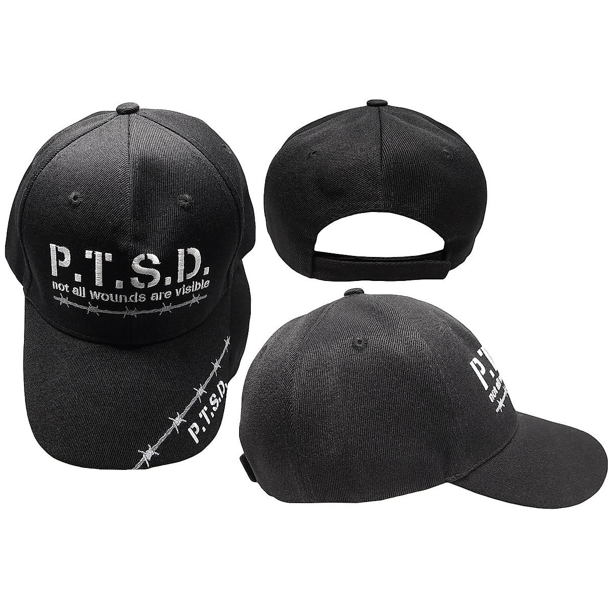 P.T.S.D. Not All Wounds are Visible Black Barb Barbed Wire Acrylic Adjustable Embroidered Cap Hat