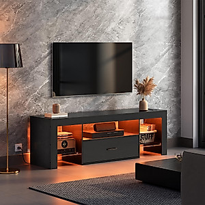 HOOBRO LED TV Stand with Power Outlets to 65 inch TV, Gaming Entertainment Center with Glass Shelves and Large Drawer, Modern Media TV Console Table for Living Room Bedroom, Black BB14UDDS01G1