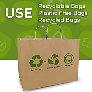 Qutuus 16x6x12 Inch 100 Pcs Kraft Paper Bags with Handles Bulk, Kraft Shopping Bags, Brown Paper Bags with Handles, Large Paper Bags for Small Business, Boutique Bags, Kraft Bags, Brown Gift Bags