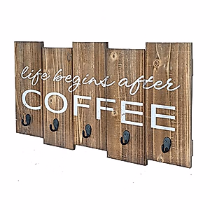 Barnyard Designs ‘Life Begins After Coffee’ Hanging Mug Holder, Wall Mounted Coffee Cup Organizer Rack, Rustic Farmhouse Wood Wall Decor Sign, For Kitchen, Coffee Bar or Cafe, Gray and White, 25” x 13