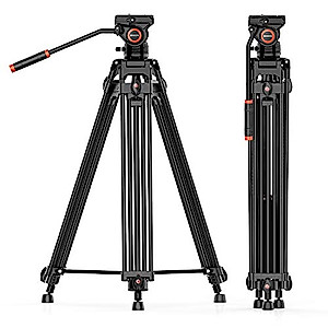 GEEKOTO Video Tripod System, 72 inches Heavy Duty Tripod, Professional Aluminum Twin Tube Tripod, K3 Fluid Head, Mid-Level Spreader, Max Loading 33 LB, 360 Degree Fluid Head for DSLR Camcorder Camera