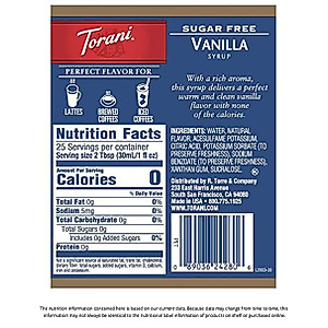Torani Sugar Free Vanilla Syrup for Coffee 25.4 Ounces for Vanilla Flavored Syrup with Fresh Finest Syrup Pump Dispenser