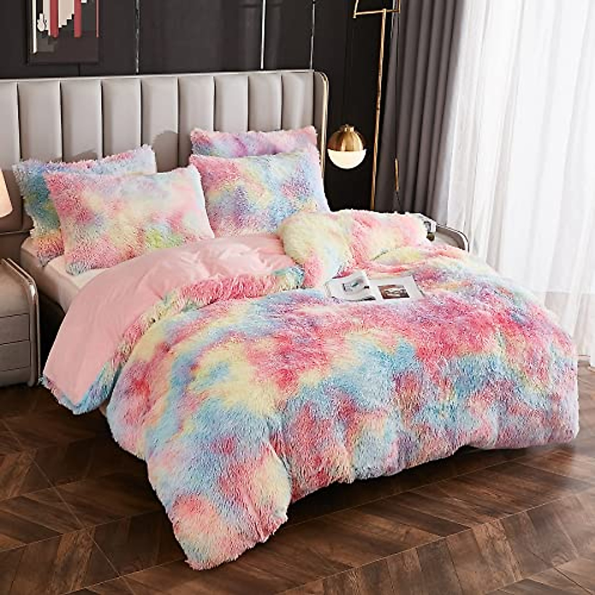 Yaoshuho Plush Fluffy Duvet Cover King Size Luxury Ultra Soft Shaggy Duvet Cover Set Faux Fur Comforter Bedding Set(1 Duvet Cover + 2 Pillow Shams), Rainbow
