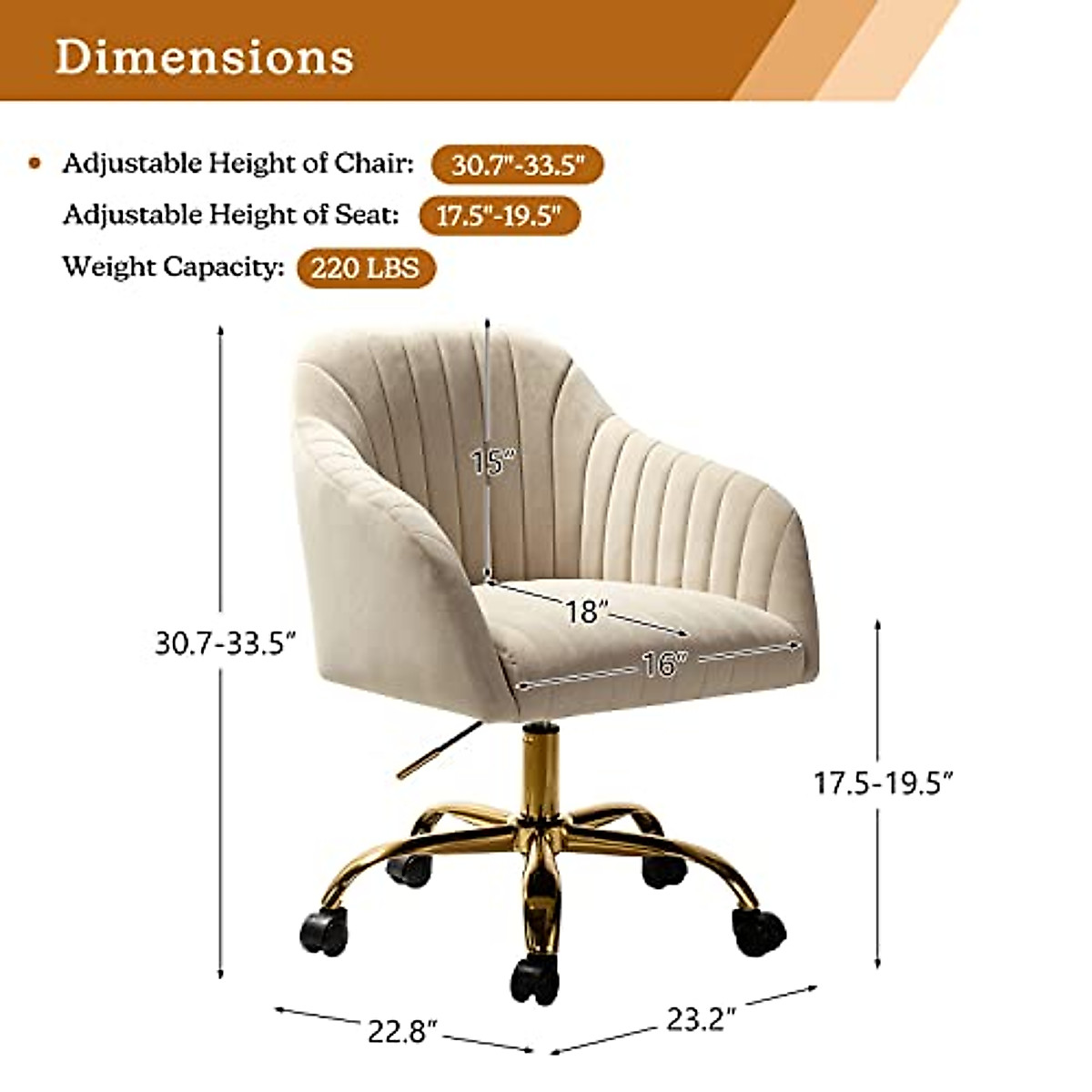 HULALA HOME Velvet Home Office Desk Chair, Modern Cute Computer Task Chair, Wheels Swivel Height Adjustable Upholstered Vanity Chair for Women, Girls (Gold Base, Tan)