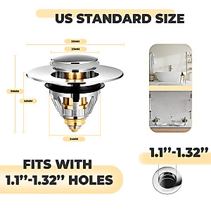 3 in 1 Ardorup Sink Stopper Hair Catcher Anti-Clogging Upgraded Chrome Stainless Drain Universal Hole Size 1.1’’-1.32’’ Drain Bathroom Strainer Bathtub Leak-Proof Pop-Up Tub for Stopper (DSARD)