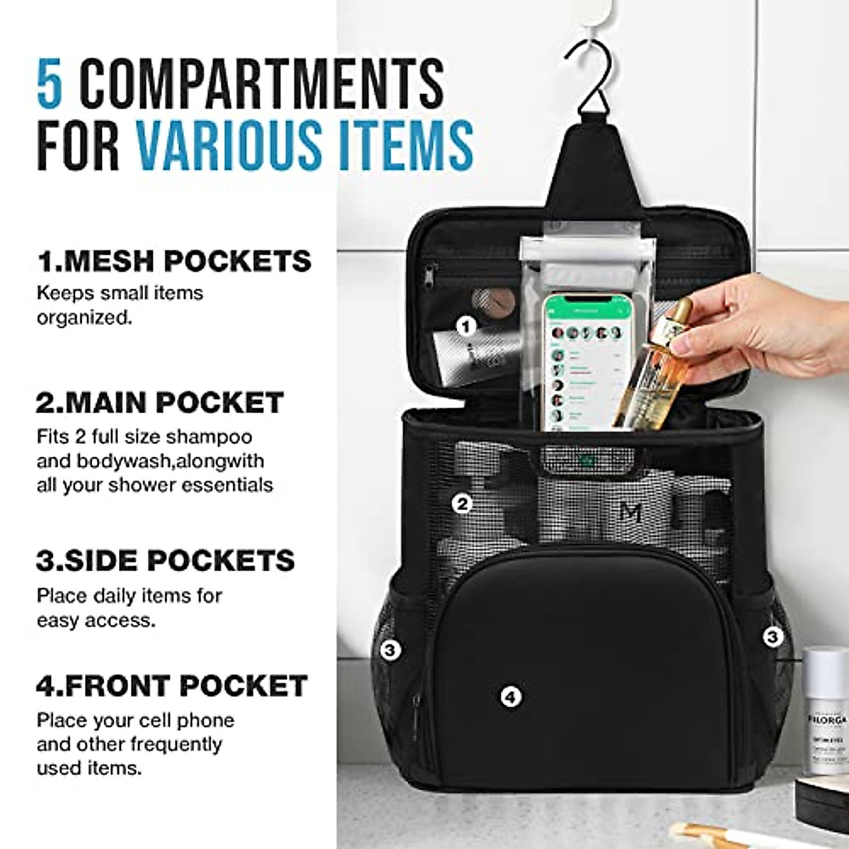 BINSUNS Portable Shower Caddy, Hanging Toiletry Bag with Phone Pocket, Travel Shower Caddy Organizer College Essentials - College, Dorms, Gym, Camp, Bath(Black)