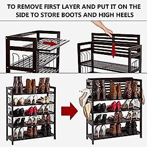 Kinsuite Shoe Rack Organizer 5-Tier Bamboo Shoe Shelf Free Standing Adjustable Shelves with 12 Hooks for Entryway Closet Bedroom, Dark Brown