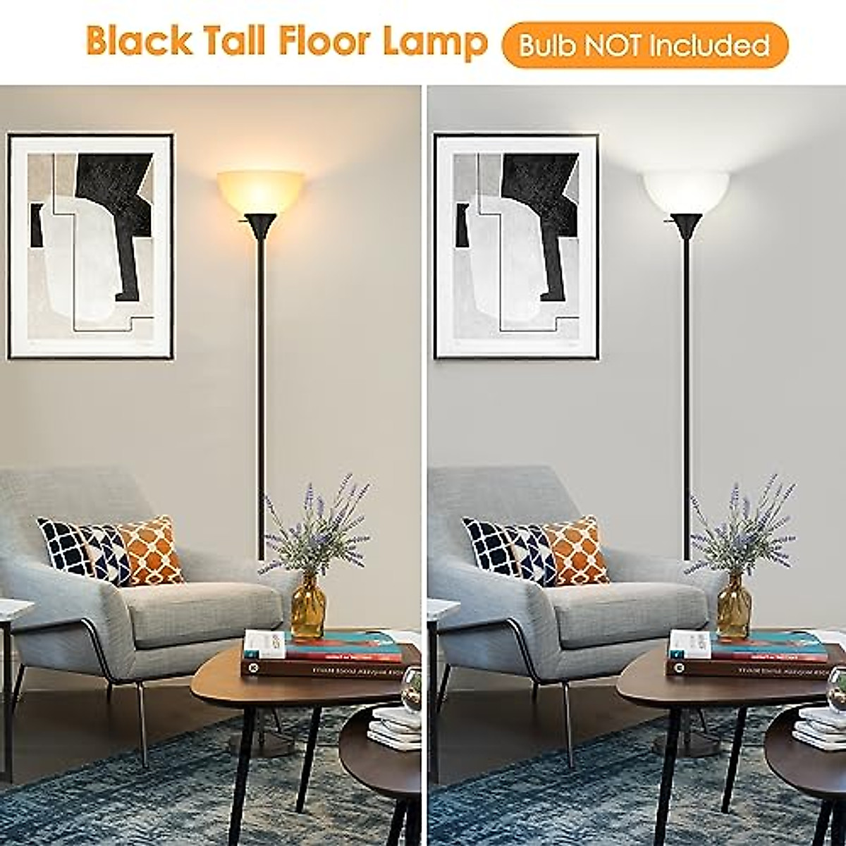 Coucrek Floor Lamp, LED Standing Lamps with White Plastic Shade, Black Modern Torchiere Floor Lamp, Tall Lamps for Living Room Dorm Bedroom Office, Rotary Switch, E26 Base, Bulb not Included