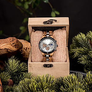 BOBO BIRD Mens Quartz Wooden Watches Stainless Steel Red Sandalwood Alloy Wood Watch for Male Classic Function Wristwatch Chronograph Luminous Hands (Silver)
