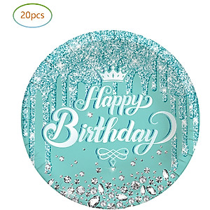 Teal and Silver Birthday Party Supplies, 20 Plates and 20 Napkins, Teal and Silver Theme Birthday Party Decorations for Kid Girls Women Silver Glitter Party Supplies