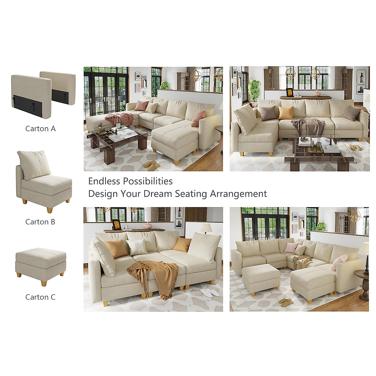 EASE MOOSE Modular Sectional Sofa Middle Seat Module, Linen Fabric Armless Middle Module for Modular Sofa Sectional Couch with Storage Beige