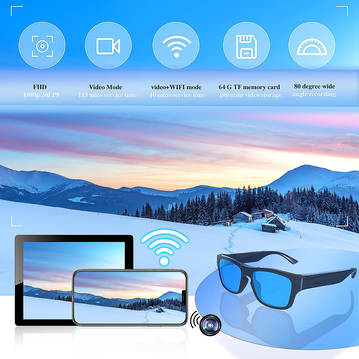 ViView Camera Sunglasses Touch Control,1080P Video Recording Camera Glasses,Ultra Long 115 Mins Runtime Glasses with Camera for Fishing Driving Riding Hiking (G5-64gig)