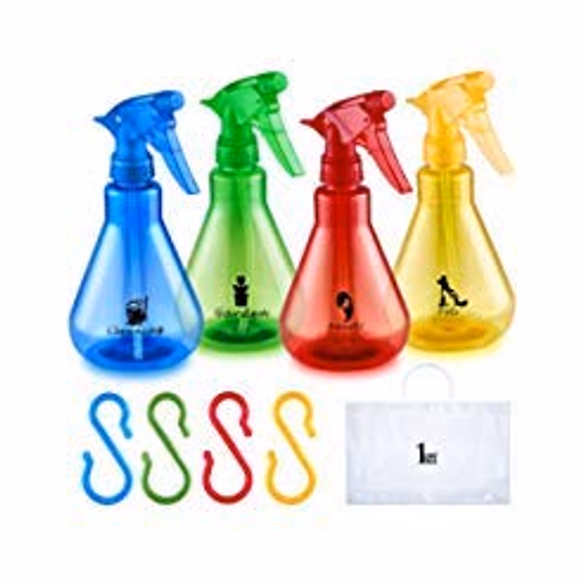Plastic Empty Spray Bottle 4 Multicolor Set. Spray Bottles Household Flat Bottom Leak Proof Technology 16 oz Value Pack of 4 Multicolor Plastic Bottles Set with Labels.