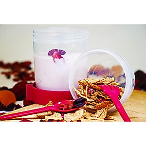 Salda 2 Pack 22 oz Breakfast On the Go Cups, Take and Go Yogurt Cup with Topping Cereal Cup with spoon and fork, Overnight Oats or Oatmeal Container Jar, Colorful Set of 2 (Red and Pink)