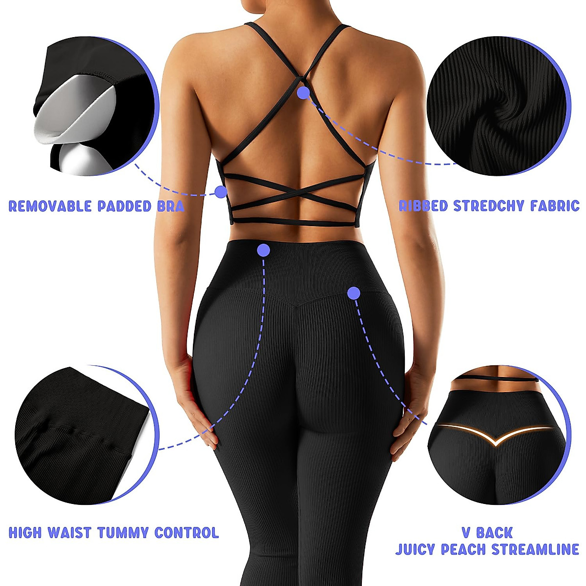 OMKAGI Women Ribbed Workout Sets Seamless Strappy Sport Bra Butt Lifting Leggings Outfits(S,04-Black)