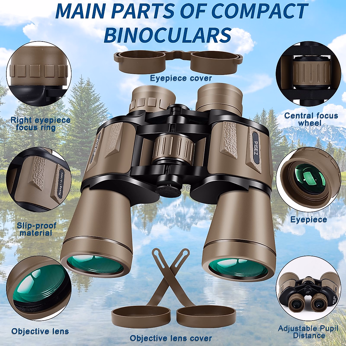 PISEZ 20X50 Binoculars for Adults High Powered with Low Light Vision，Large View Waterproof Binoculars for Bird Watching Hunting Concert Traveling Theater Opera Sightseeing