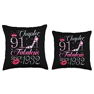 Happy 91st Birthday Gift For Ladies Women Chapter 91 Fabulous Since 1932 91st Birthday Gift for Women Throw Pillow, 18x18, Multicolor