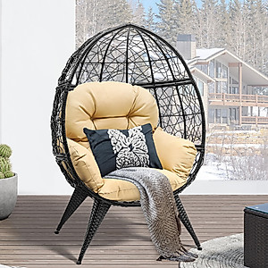 YITAHOME Egg Chair Wicker Outdoor Indoor Oversized Large Lounger with Stand Adjustable Leveling Feet Cushion Egg Basket Chair 350lbs Capacity for Patio, Garden Backyard Balcony, Beige