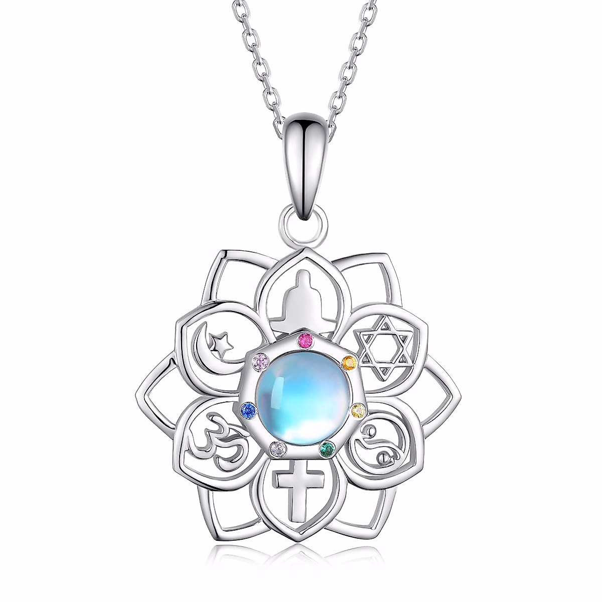 SCZKLAQ 7 Chakra Necklace for Women 925 Sterling Silver Lotus Chakra Necklace Moonstone Yoga Lotus Chakra Jewelry for Women Chakra Gifts