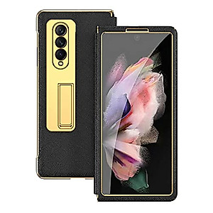 EAXER Compatible with Samsung Galaxy Z Fold 3 5G Case Metal Stand Front with Tempered Glass Cover Luxury Leather Hybrid Plating PC with Kickstand Cover Shockproof Protective Fold Case (Black)