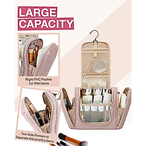 BAGSMART Travel Toiletry Bag for Women, Hanging Toiletry Bag with Hook, Travel Cosmetic Makeup Bag Travel Organizer for Accessories, Shampoo, Full Sized Container, Toiletries,Pink-Medium