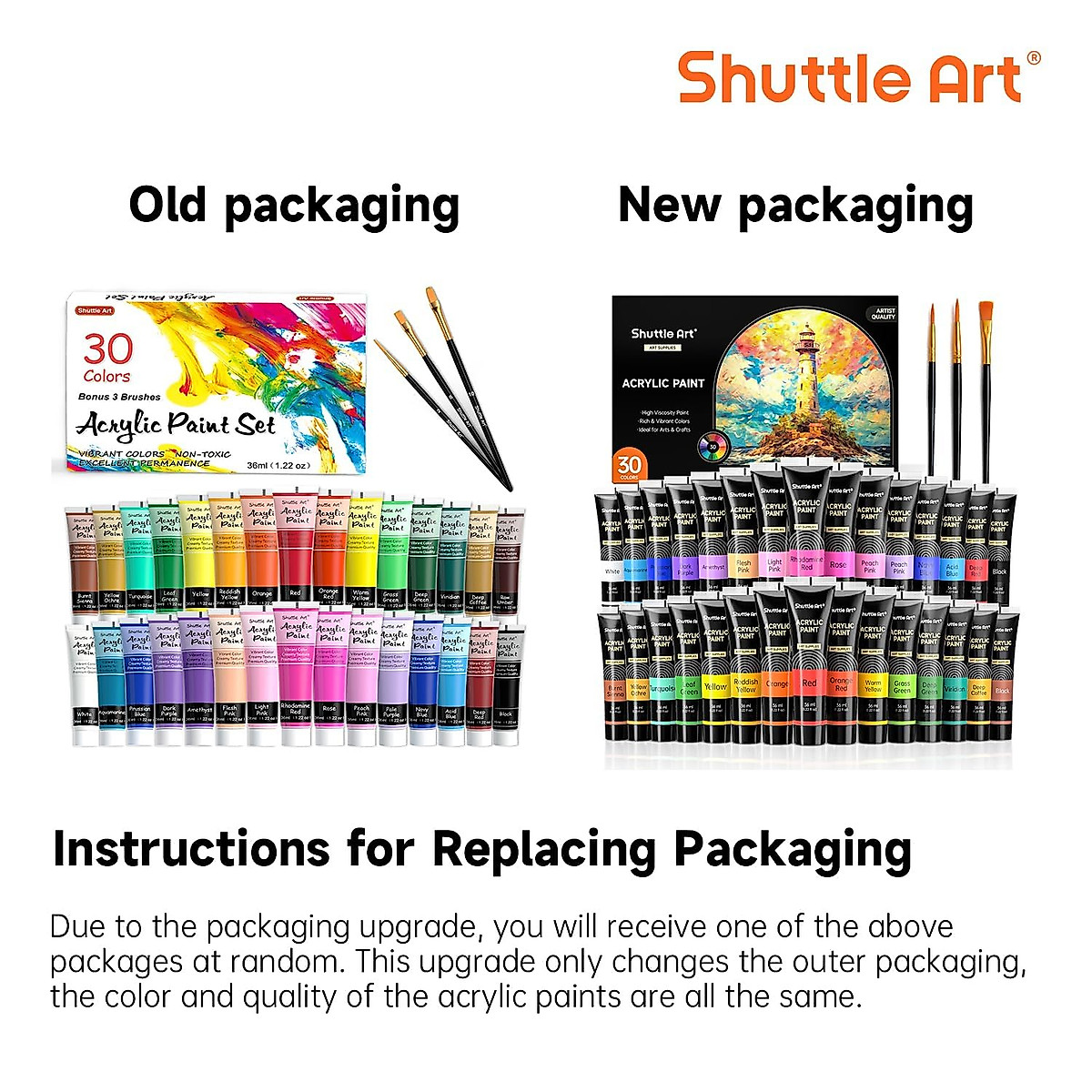 Shuttle Art 30 Colors Acrylic Paint Set, 36ml Tubes with 3 Brushes, Artist Grade Acrylic Paint, for Kids Adults Beginners, Painting on Crafts Canvas Wood Rocks
