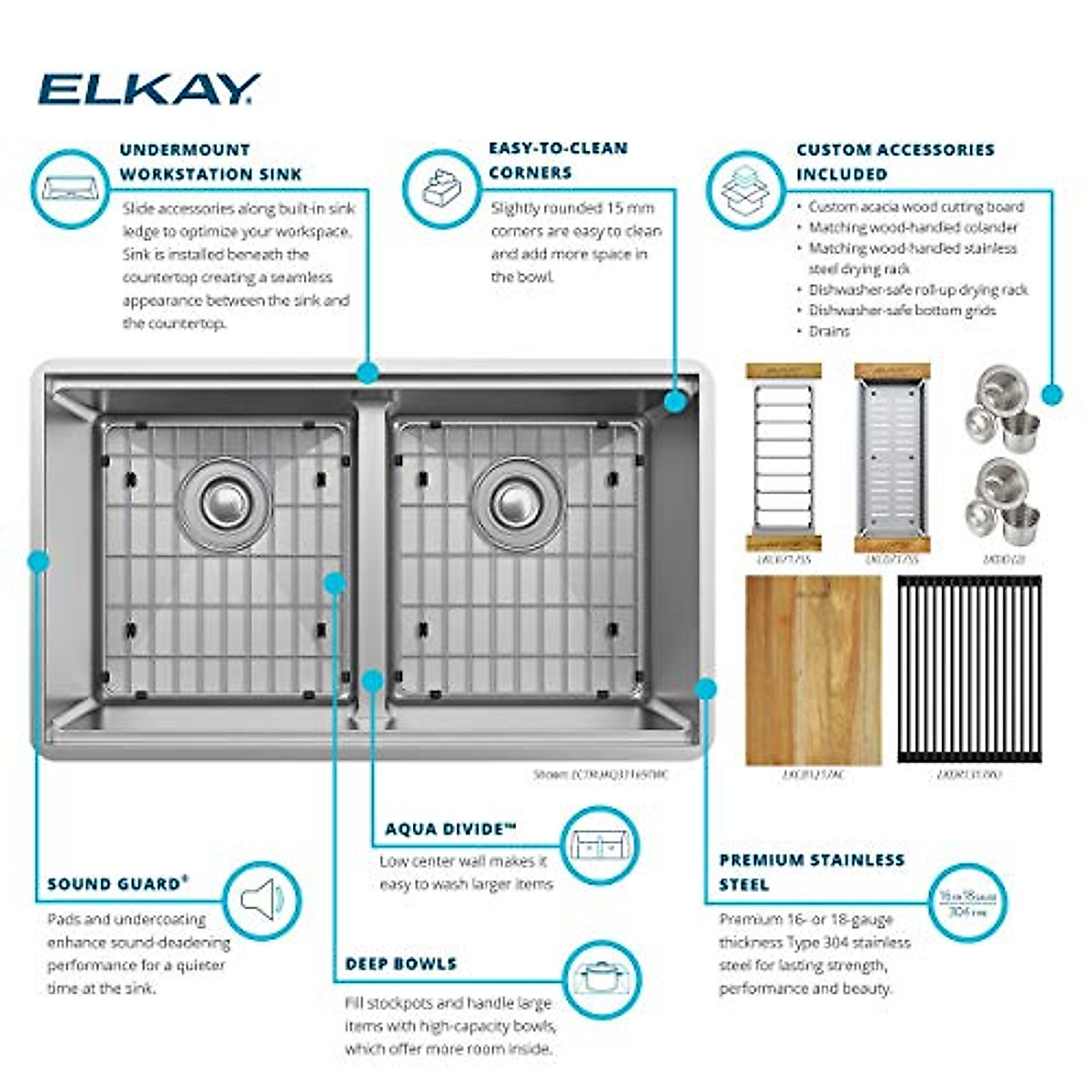 Elkay Crosstown 16 Gauge Workstation Stainless Steel, 31-1/2" x 18-1/2" x 9" Equal Double Bowl Sink Kit with Aqua Divide