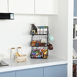 Stackable Tea Bag Organizer with Removable Divider and Hooks Wall Mount 3 Tier Metal Wire Storage Basket Countertop Coffee Condiment Snack Holder Rack for Home Office Kitchen Cabinet Pantry Black