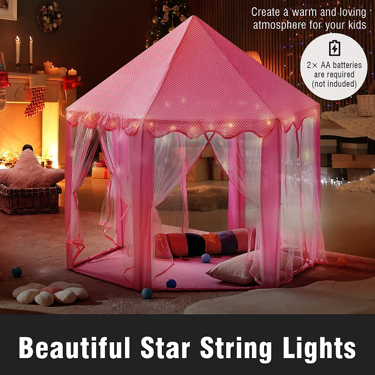 Princess Tent for Kids - Castle Playhouse Tent with LED Star Lights – Large Kids Play Toys for Indoor & Outdoor – 55"x53" Pink