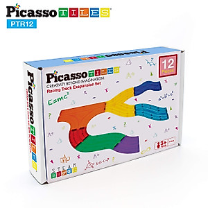 PicassoTiles 12 Piece Race Track Add-On Magnetic Building Block Set Magnet Tiles Construction Toy STEM Learning Kit Early Education Kids Toys Playset Pretend Play Blocks Child Brain Development PTR12