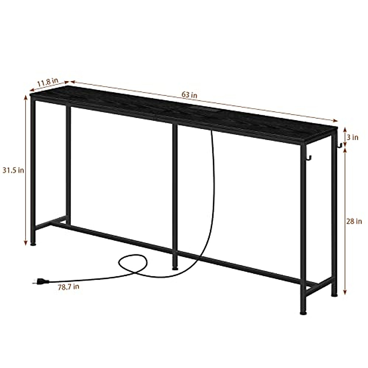 Black Console Table with Outlet Narrow Long Entryway Table Skinny Couch Table Behind Sofa Table with Charging Station and Hooks Modern Hallway Table for Living Room Foyer Corridor
