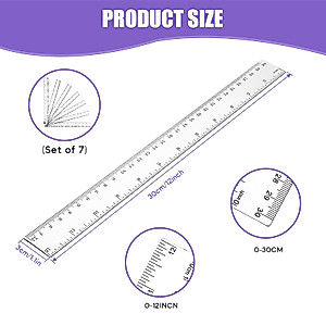 FeFu 7 Pack Clear Plastic 12 Inch Ruler, Dual Scale Inches and Centimeters, Injection Molded