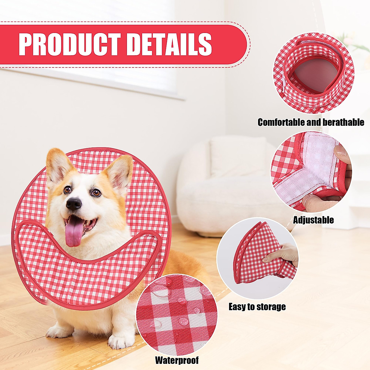 ROYALAY Adjustable Dog Cones for M S Dogs, Soft Cone Collar Recovery Collars to Prevent Pets from Touching Wounds, Unique Chest Fixation, Unbound Neck, Not Block Vision Comfortable for Dogs,S,Red