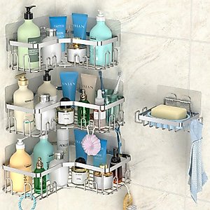 stusgo 4 Pack Corner Shower Caddy with Soap Holder, Adhesive Shower Shelves No Drilling, Rustproof Stainless Steel Bathroom Shower Organizer with Hooks, Shower Shelf for Inside Shower, Silver