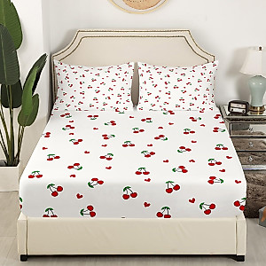 Feelyou Kids Red Cherry Fitted Sheet Twin Size, Cherry Pattern Bed Sheet Set Boys Girls Cute Fruit Bedding Set Kawaii Cartoon Fruit Teens Bed Cover Room Decor Lightweight Bed Set (No Flat Sheet)