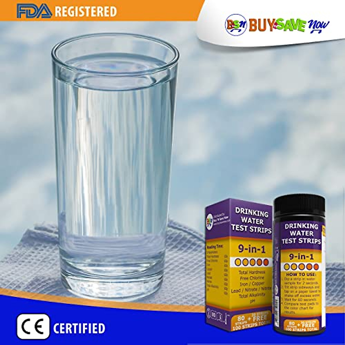 BNS 9 in 1 Drinking Water Test Strips. Accurate Tester Strip for pH, Chlorine, Nitrite, Nitrate, Lead, Total Hardness, and More. Home Test with Easy to Read Testing Results in Seconds.