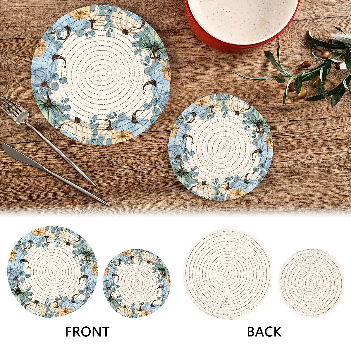 Blue Pumpkins Trivet Pot Holder 2 Pack Cotton Cotton Thread Weave Trivets for Hot Pots and Pans Stylish Coasters for Kitchen Baking Cooking Cups Dinning