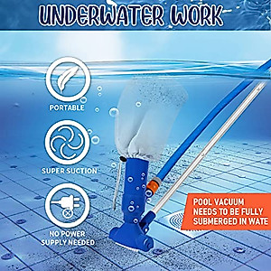 Polog Portable Pool Vacuum, Pool Spa Jet Vacuum Cleaner with 5 Section Pole, Small Pool Vacuum for Above Ground & Inground Pool Spa Pond Hot Tub (No Garden Hose Included) (Small, Blue)