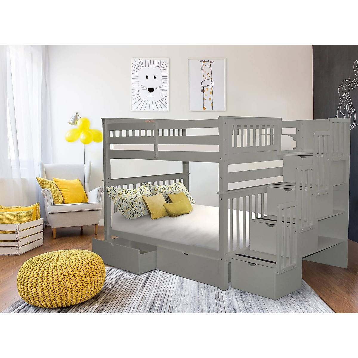 Bedz King Bunk Beds Full over Full with 4 Drawers in the Steps and 2 Under Bed Drawers, Gray