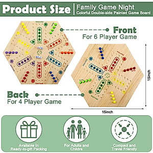 Kathfly Marble Board Game Wooden Wahoo Board Game Double Side Painted Board Game with 6 Colors 36 Marbles 6 Dice for Adults Family Night Game, 6 and 4 Player (Hexagonal)