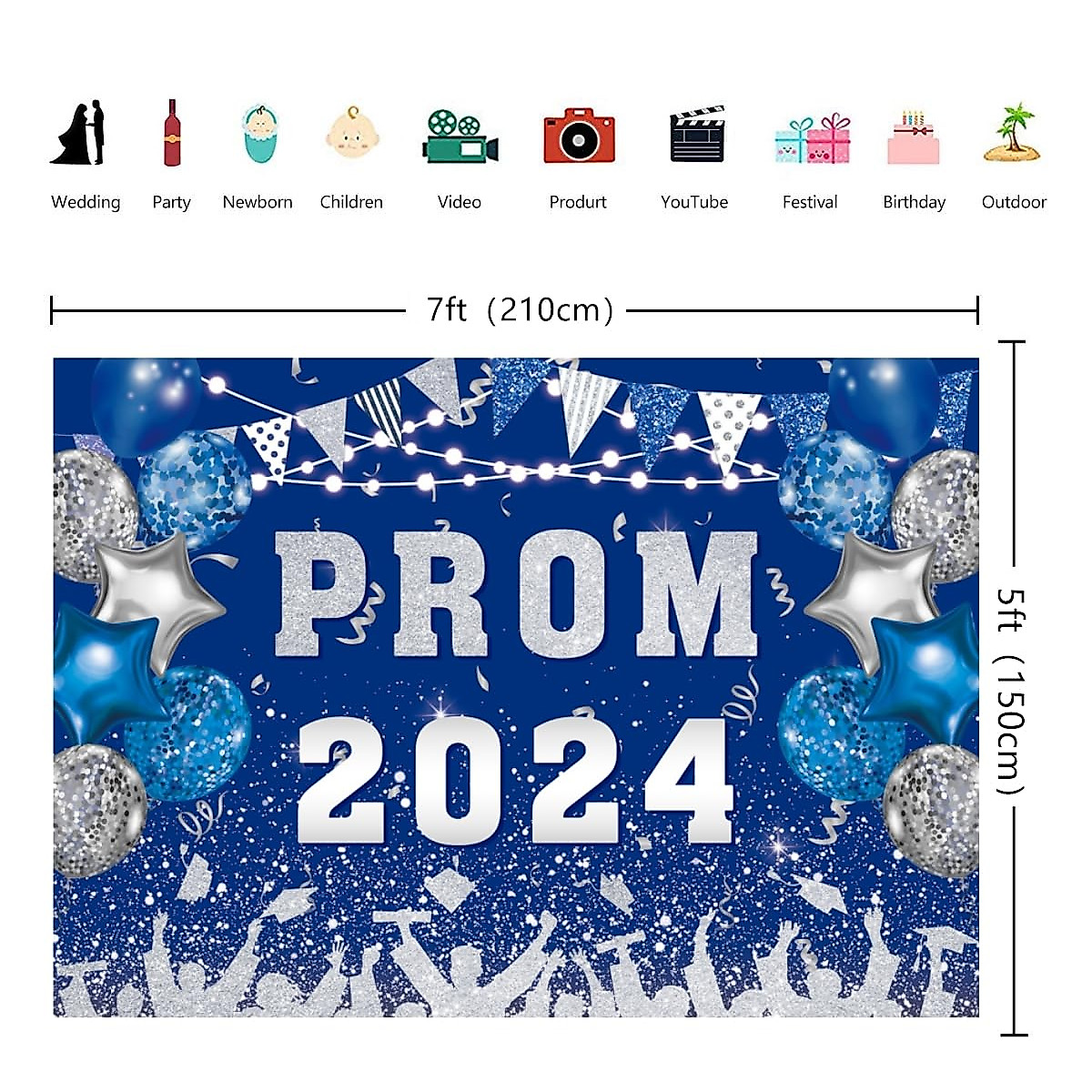 INRUI Prom 2024 Photography Background Blue and Silvery 2024 Prom Night Banner Glitter Balloons Flags Graduation Prom Party Decorations Backdrop (7x5FT)