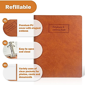 Happyaokeland Refillable Address Book with Alphabetical Tabs, Hardcover Phone Book 648 Contact Book w/Pockets, Large Print Address Books for Seniors, A5, Brown