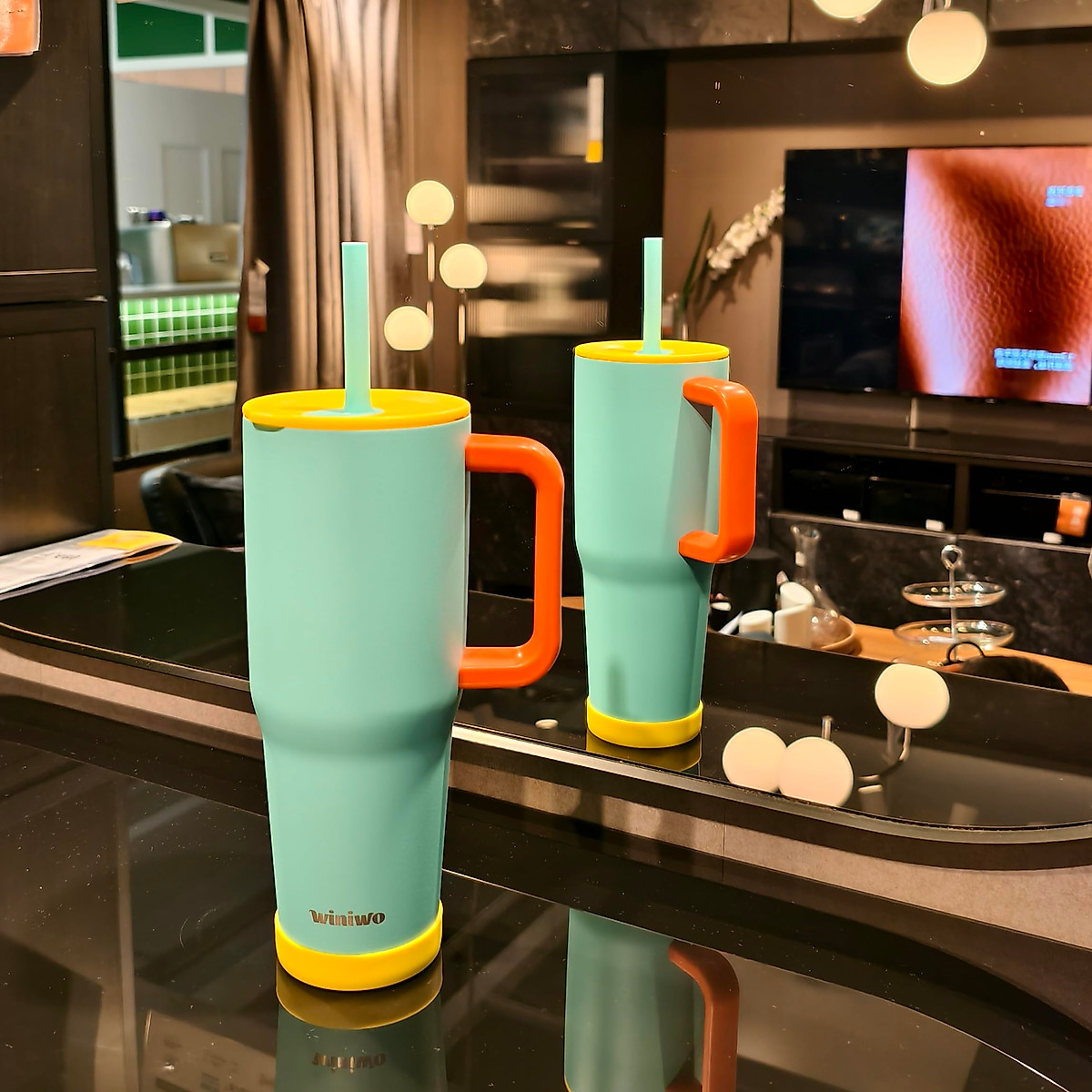 winiwo 40 oz Tumbler with Handle and Straw for Her, Flexible Straw, Insulated Tumbler Cups with Silicone Bottom, Keeps Beverages Cold Up to 24 Hours, Gym/Work/Travel/School/Gift（Elegant Blue）